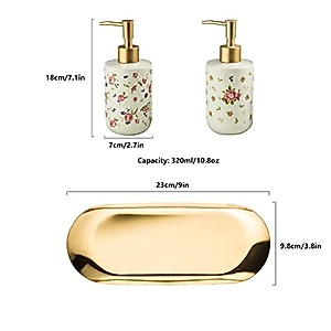 Soap Dispensers Ceramic Soap Dispenser Set with Metal Tray Soap Pump for Kitchen Sink Bathroom Accessory Flower Pattern Set, 10.8oz Lotion Dispenser (Style : Floret)