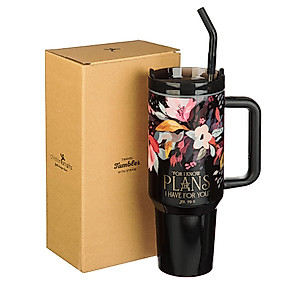 Christian Art Gifts Extra Large Stainless Steel Double Wall Vacuum Insulated Travel Tumbler for Women: Hope & Future Inspirational Scripture, Lid, Straw, Sturdy Handle, Black Multicolor Floral, 40 oz.