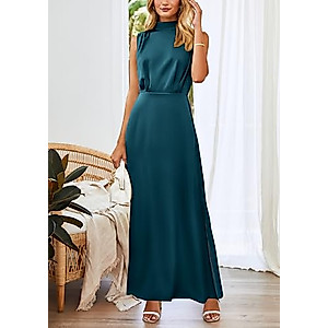 PRETTYGARDEN Women's Long Formal Satin Dress Mock Neck Sleeveless Side Slit Flowy Maxi Tank Dresses (Dark Blue,Medium)