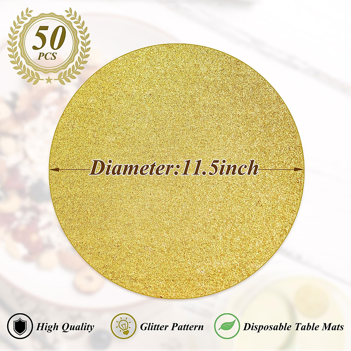 Datyiiha 50 Pieces Gold Glitter Paper Place Mats Sparkle Round Disposable Table Mats Golden Sequin Doilies Decorative Placemats for Wedding Banquet Party Home Dining Tableware