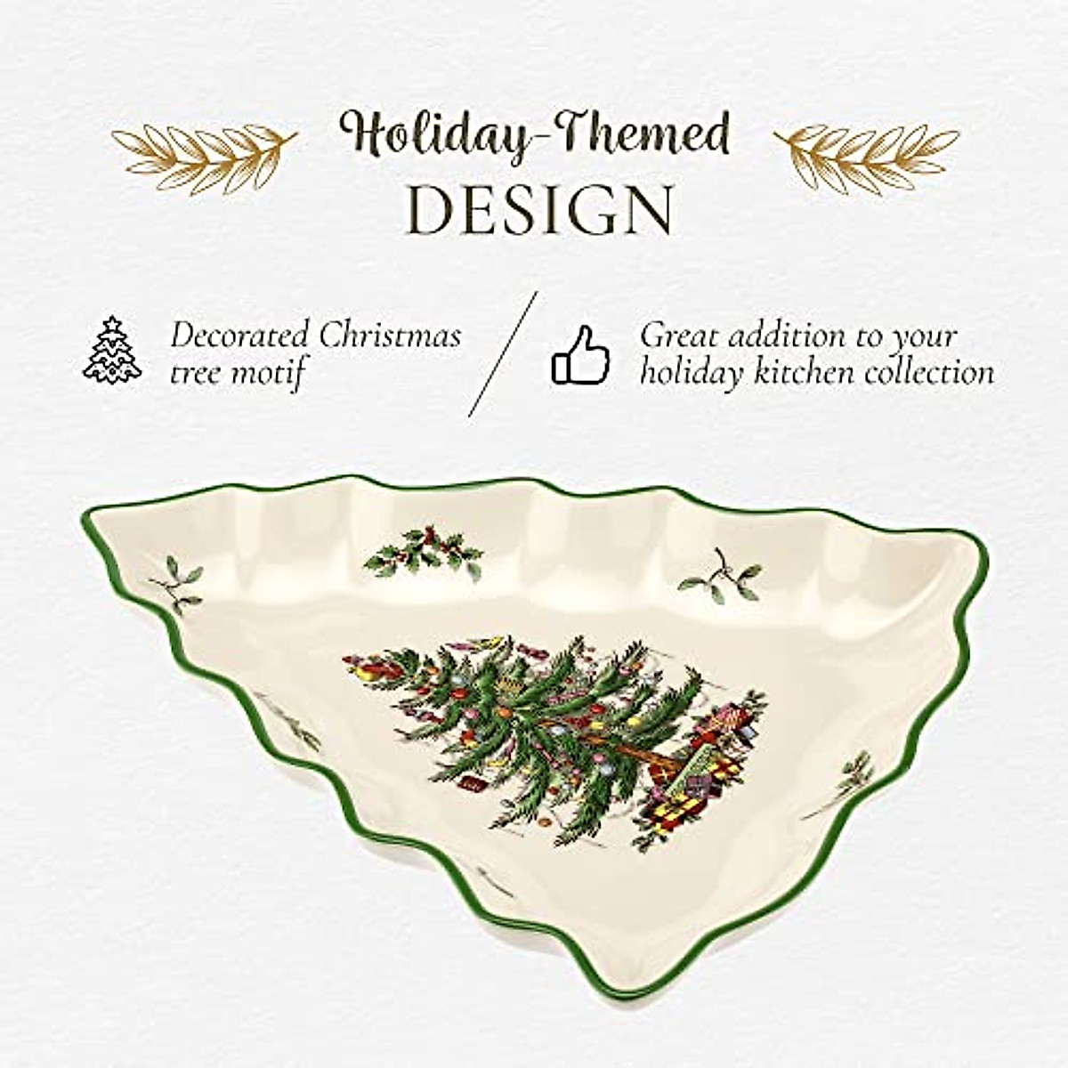 Spode Christmas Tree Collection Tree Shaped Dish, 10-Inch, Made of Porcelain, Serving Dishes, Christmas Tree Design, Green/Beige, Dishwasher and Microwave Safe