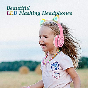 Girls Wireless Headphones, LED Flashing Lights, Music Sharing Function, Stereo Sound, SD Card Slot and Build-in Mic Wireless/Wired Children Bluetooth Headphones for Girls (Pink)