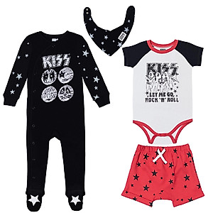 KISS Newborn Baby Boys Coverall, Bodysuit, French Terry Shorts and Bib 4 Piece Rock Outfit Set Red/White/Black 6-9 Months
