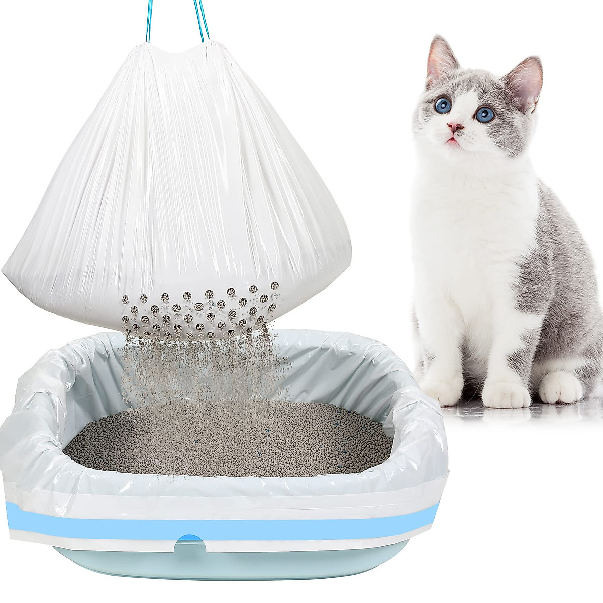 84 Count Large Sifting Cat Litter Bags 31 x 18 Inch Cat Litter Box Liners with Holes Drawstring Litter Box Liners Disposable Thick Scratch Resistant Cat Litter Bags for Pet Cat Litter Box