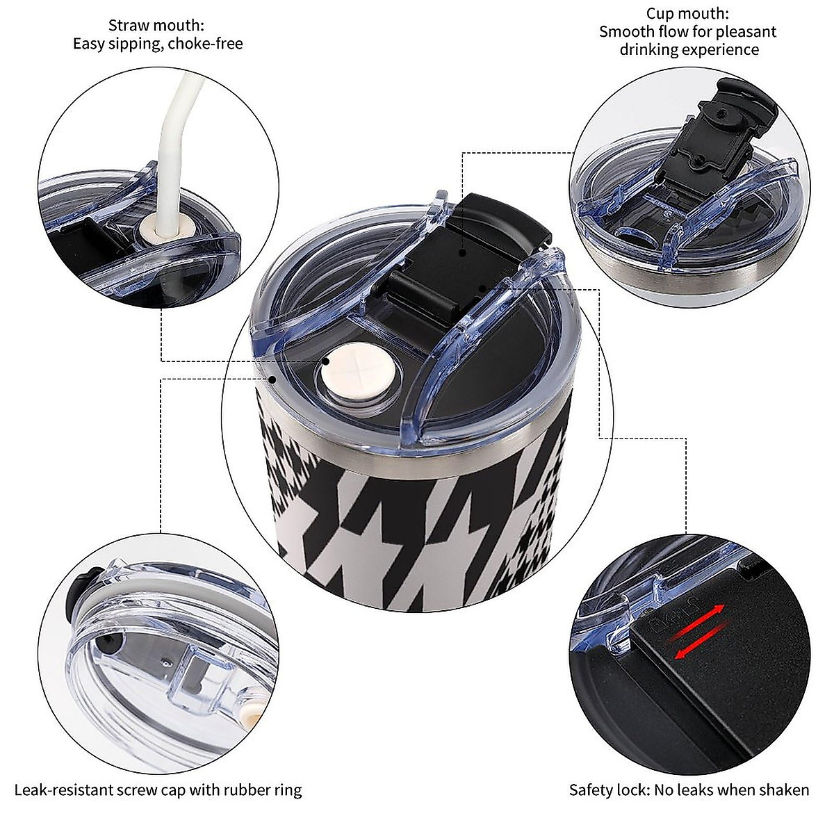 Niapessel Leak Proof Tumbler, Insulated Water Bottles with Straw, Houndstooth Black White Insulated Cup with Handle 40 Oz Stainless Steel Flask for School, Travel, Car, Sports, Work