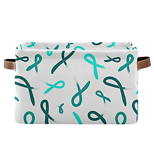 Teal Ribbon Painted Ovarian Cancer Storage Basket Foldable Large Closet Organizer Storage Containers for Office Closet Shelves, 1 Pack