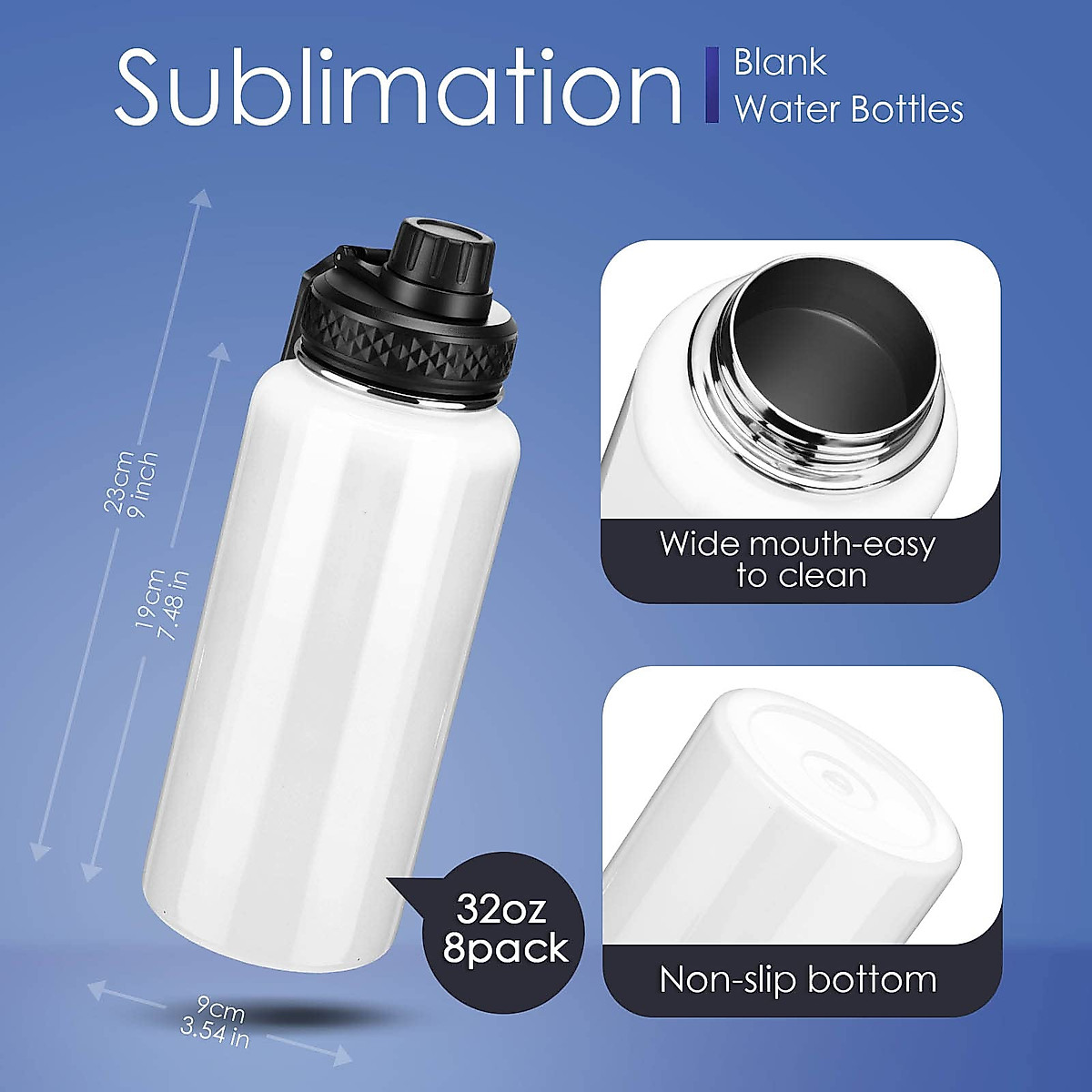 Raiten 8 Pcs 32oz Sublimation Blank Sports Water Bottle Bulk Stainless Steel Tumbler Vacuum Flask Double Layer Insulated with Wide Mouth Lid DIY Bottles for Gym, Hiking, Camping, Hot or Cold Drinks