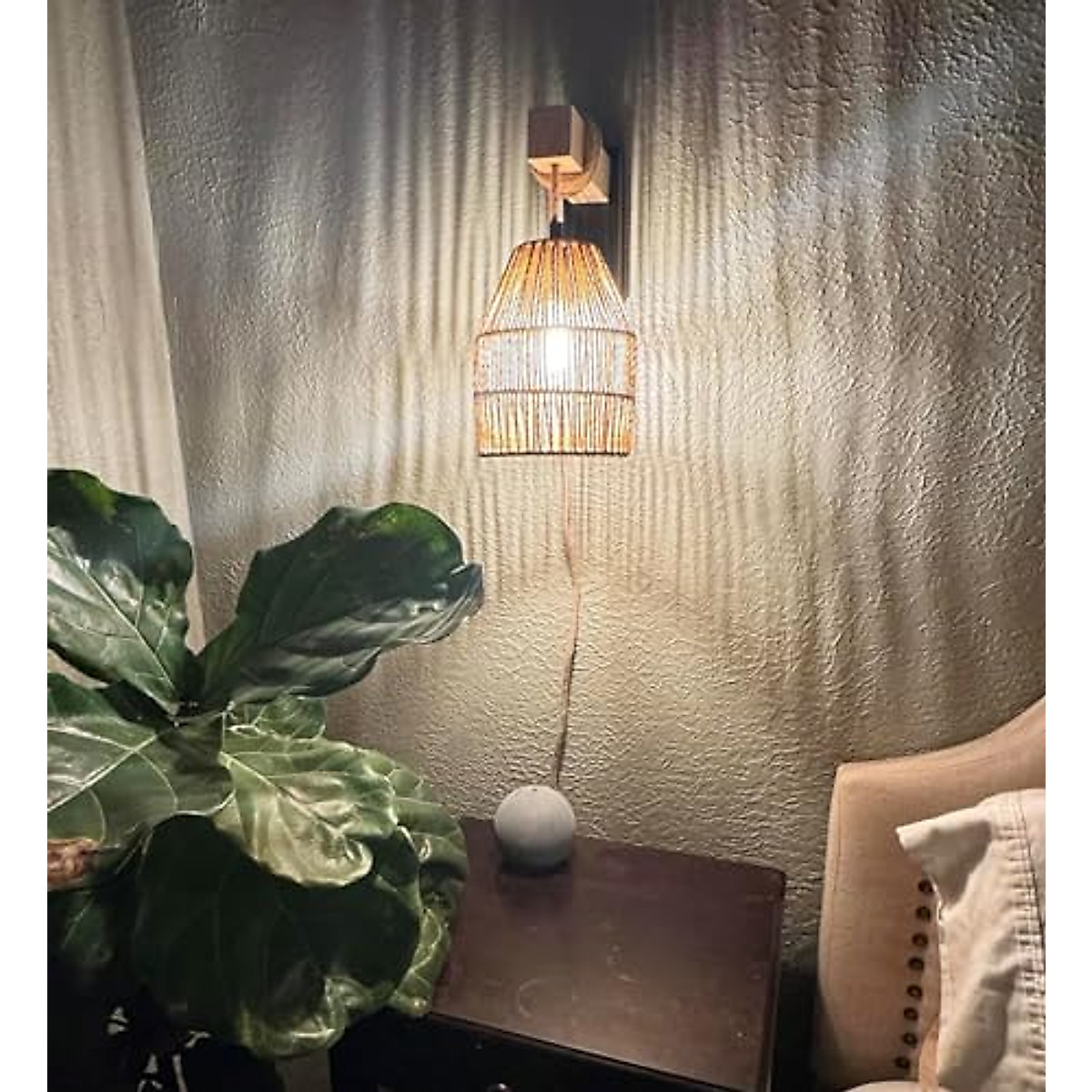 ZECOXOL Rattan Wall Sconce Boho Decor Plug in Set of Two Wicker Lamp with Cord Dimmable Woven Hanging Lamps That Into Outlet Rustic Light for Bedroom Living Room Black 001