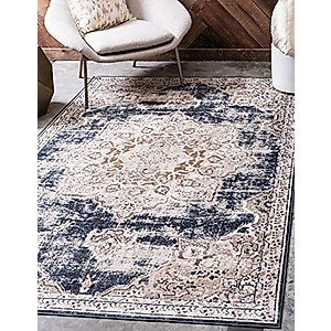Unique Loom Chateau Collection Vintage, Distressed, Medallion, Rustic, Traditional Area Rug, 8' 0" x 10' 0", Beige/Navy Blue