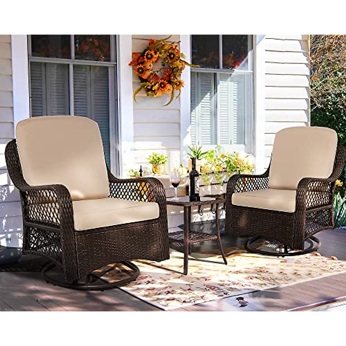 LEISU 3-Pieces Patio Swivel Wicker Bistro Furniture Set with Cushioned Patio Swivel Rocker Swivel Rocking Chairs Set Side Table Outdoor Rattan Conversation Sets (Beige)