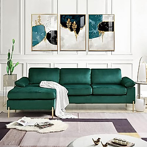 Devion Furniture 101" W Modern Design Velvet Sectional Sofa with Spacious Chaise, Cushioned Arms & Metal Legs in Green & Gold Finish