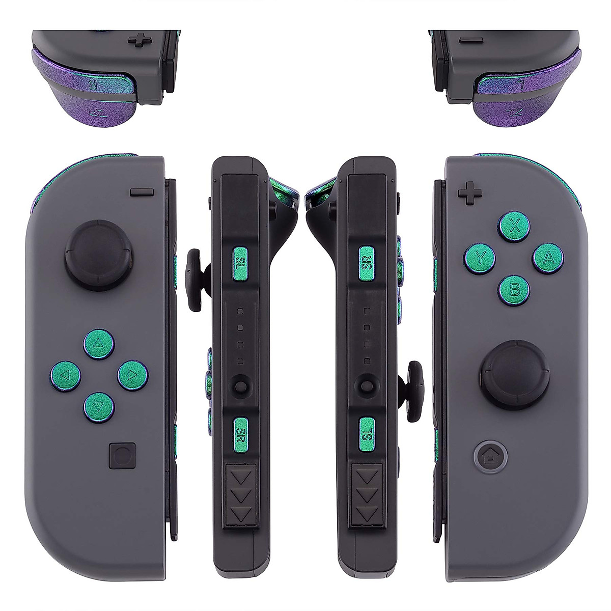 eXtremeRate DIY Full Set Buttons for Nintendo Switch & Switch OLED, Replacement Button for JoyCon, ABXY Direction Keys SR SL L R ZR ZL + - Home Capture Trigger Buttons Springs - Chameleon Green Purple