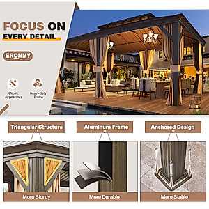 EROMMY 12'x18' Hardtop Gazebo,Galvanized Steel Double Roof Metal Gazebos with Curtain and Netting, Brown Permanent Pavilion Canopy with Aluminum Frame for Patios,Gardens,Lawns