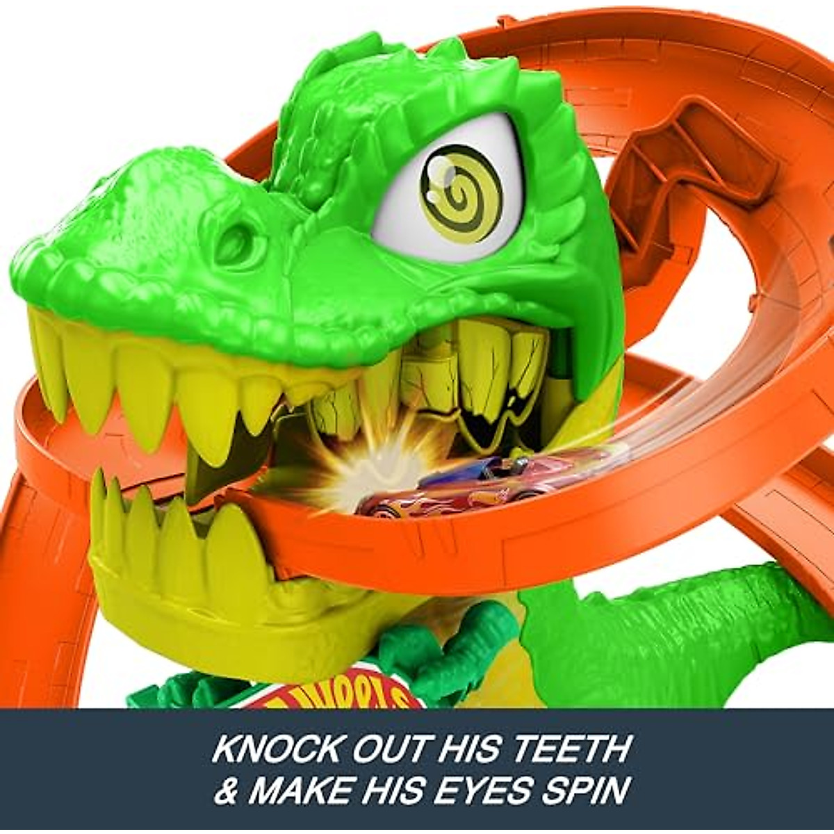 Hot Wheels Toy Car Track Set, City T-Rex Blaze Battle Playset & 1:64 Scale Die-Cast Vehicle, 18” Tall, Multiple Race Outcomes, Spinning Dinosaur Eyes