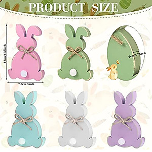 5 Pcs Easter Bunny Wooden Signs Bunny Decor Easter Tabletop Decor Rabbit Shape Table Sign with Jute Rope and Hairball Tail Freestanding Easter Table Decorations for Party (Purple, Pink, Blue, Green)