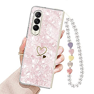 Newseego Case for Samsung Galaxy Z Fold 4 Case, Cute Love-Heart Pattern Shiny Shell Marble Design for Girls Women Soft TPU Shockproof Protective Case Cover with Colorful Heart Bracelet Chain -Pink