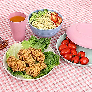 Kids Wheat Straw Dinnerware Sets, Microwave Safe Wheat Straw Plates and Bowls Sets 12pcs Unbreakable Dishwasher Eco Friendly Colourful