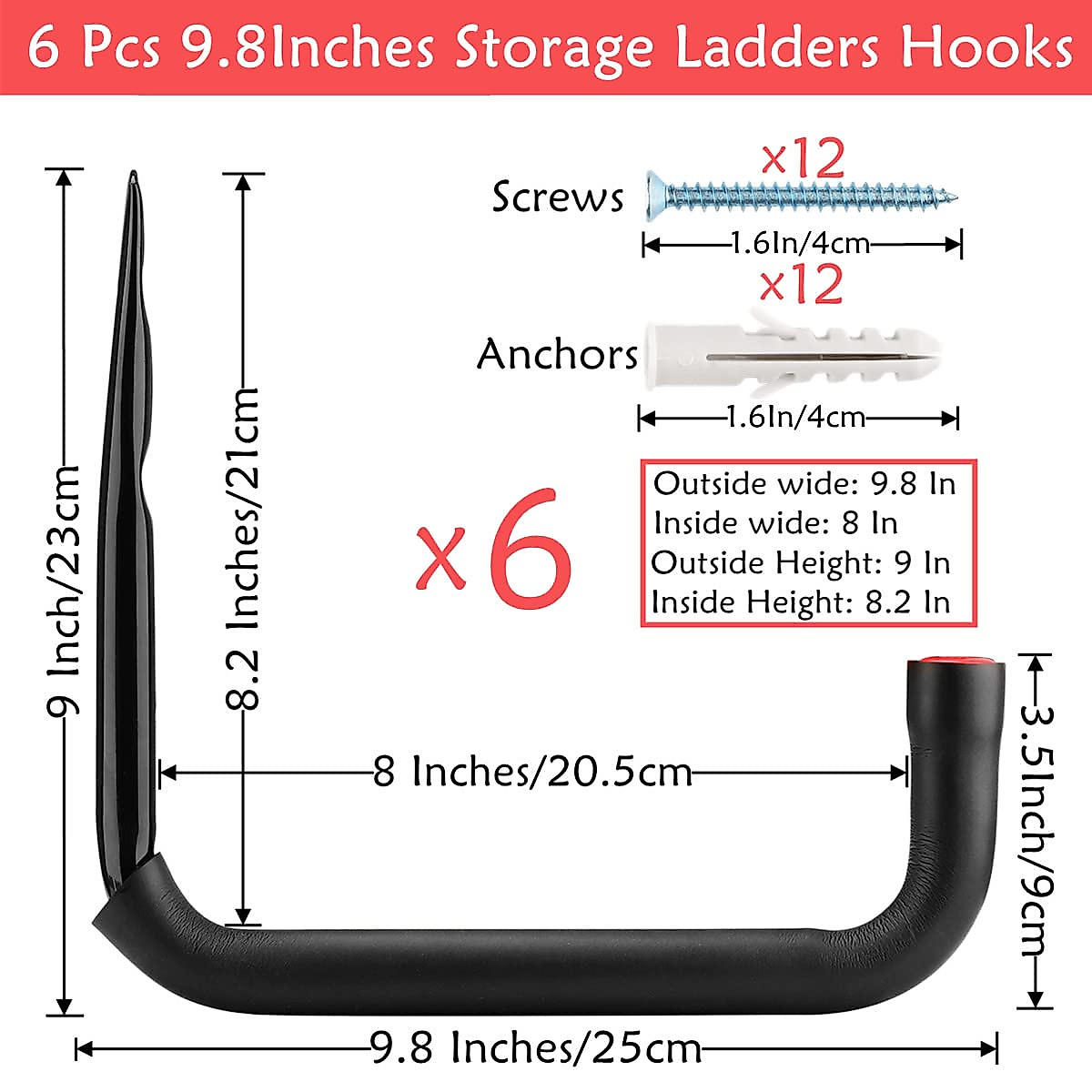 Naikozmo Garage Storage Ladders Hooks, 6 Pack Heavy Duty Utility Hanger, 9.8IN Wall Mount Rack Safely Holds 50 Pounds