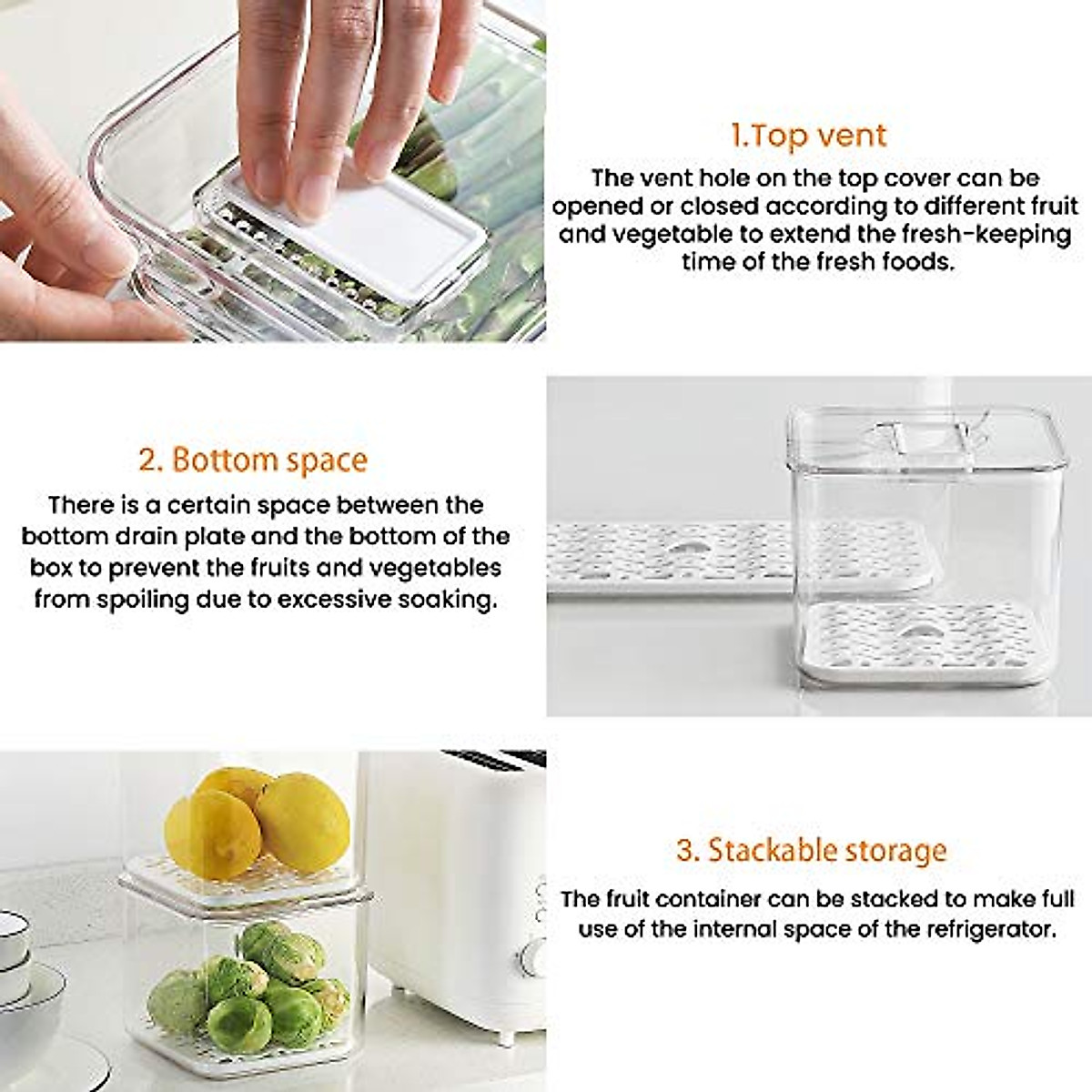 vacane Fresh Produce Saver for Refrigerator, 3 Pcs Food Fruit Lettuce Keeper Containers, Salad Vegetable Storage Organizers Stackable, BPA-free Stay Fridge Storage Containers