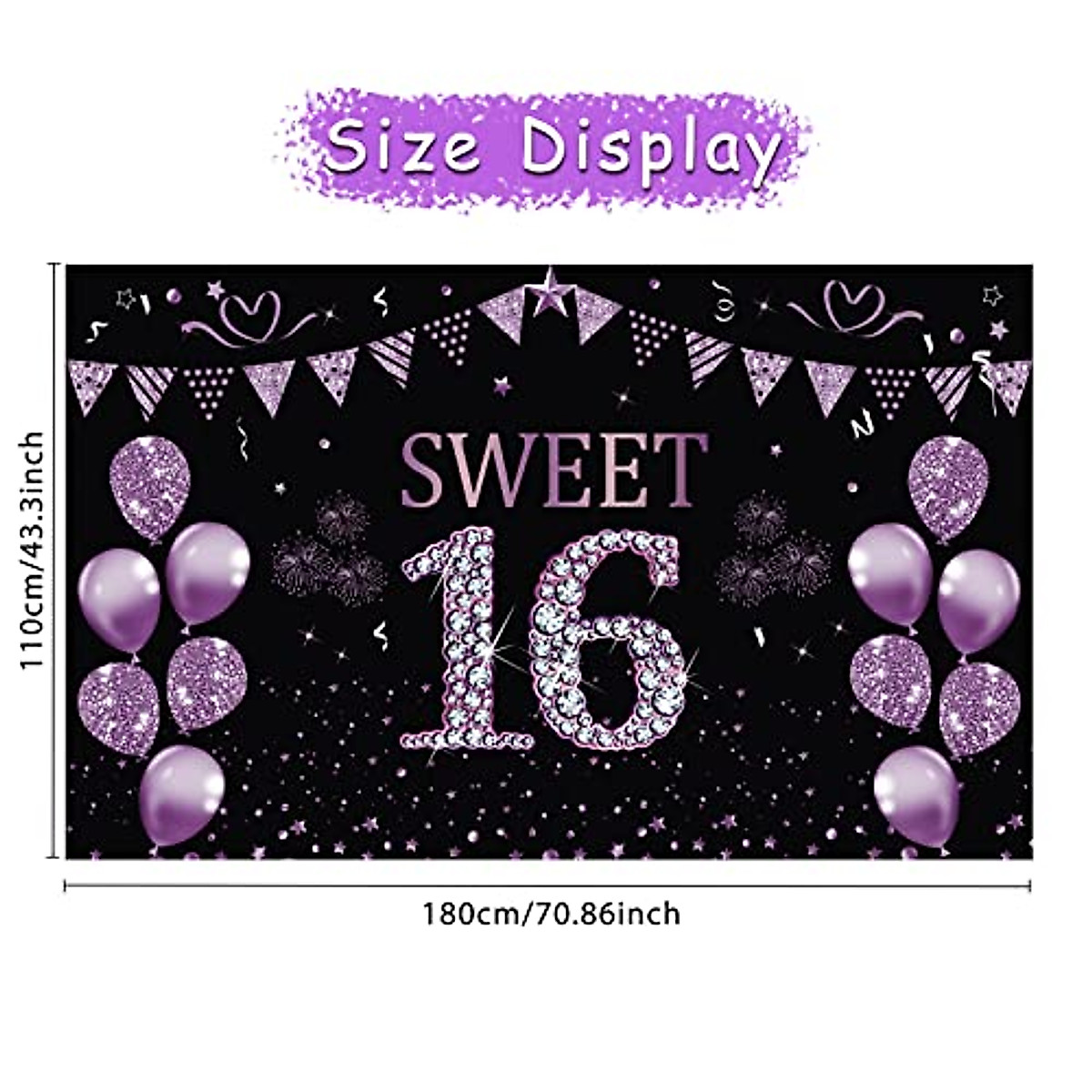 Trgowaul Sweet 16 Birthday Decorations Banner Girls, Purple Sweet 16th Backdrop Birthday Party Sign Supplies, Sweet Sixteen Year Old Poster Background Photo Booth Props Decor, Sweet 16 Decorations