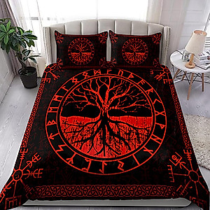 WDBAYXH Nordic Tree of Life 3 Piece Bedding Set, Viking 3D Print Duvet Cover with Pillowcases, Scandinavian Folklore Motifs Bedroom Home Textiles,Red,Queen