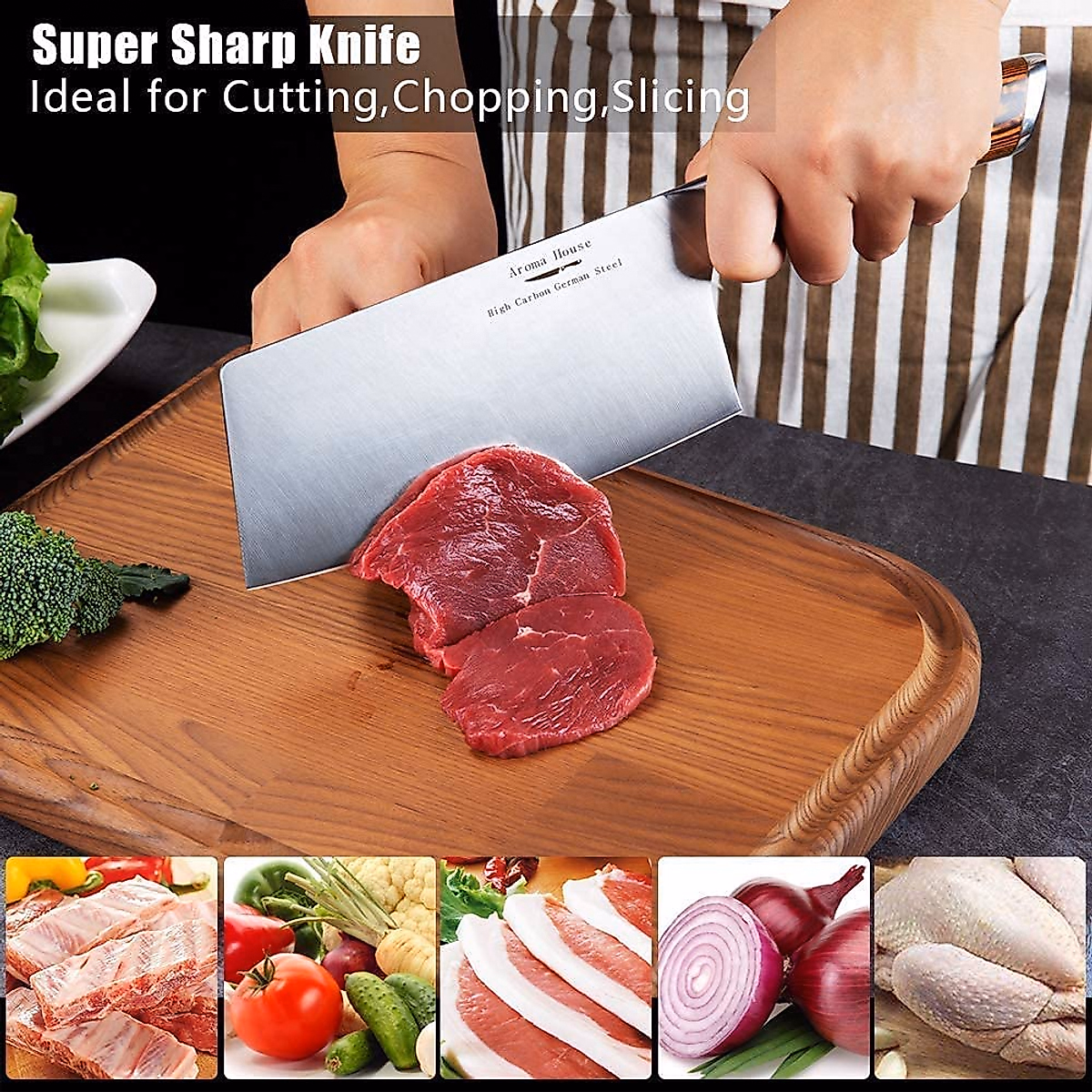 Aroma House Meat Cleaver 7 Inch, Cleaver Knife for Meat Cutting, High Carbon German Stainless Steel with Ergonomic Handle for Home, Kitchen & Restaurant, Kitchen Gift.