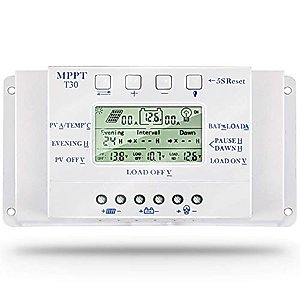 MPPT T-30 Solar Charge Controller 12V 24V for Max 48V Input with LCD Display,Compatible MPPT Charge Controller PWM Intelligent/Efficient/Energy Saving