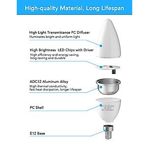 PARTPHONER E12 LED Light Bulbs B11 Candelabra Bulbs 60W Equivalent, Non-Dimmable 6W LED Candle Chandelier Bulb 600 Lumen, 5000K Daylight White, Pack of 6