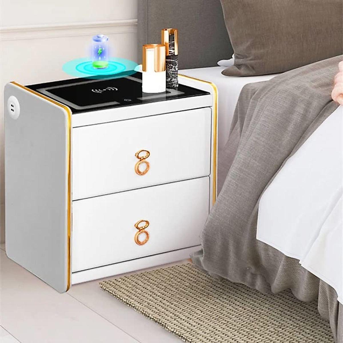 UXZDX Armoire Chevet Intelligente avec Chargeur Sans fil LED, Meuble Rangement Multifonctionnel avec Table Bois