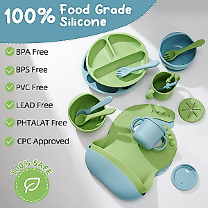 MumEZ Silicone Baby Feeding Set, Baby Led Weaning Utensils, Adjustable Silicone Bibs, Baby Plates and Bowls with Suction, Baby Spoons Forks, Sippy Cup, Baby Eating Essentials(Ether&Sage)