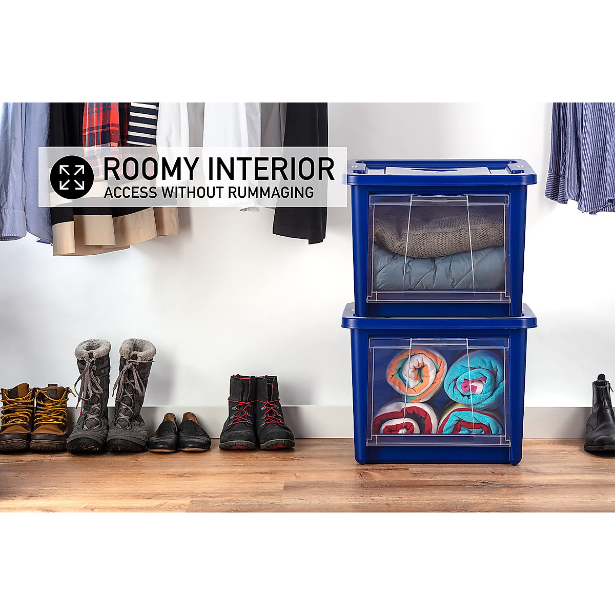 Rubbermaid Medium All-Access Tote with Lids, Pack of 2, Stackable Storage Bins with Clear Drop-Down Door and Carry Handles, Closet Organization Containers, Blazer Blue With Clear Door