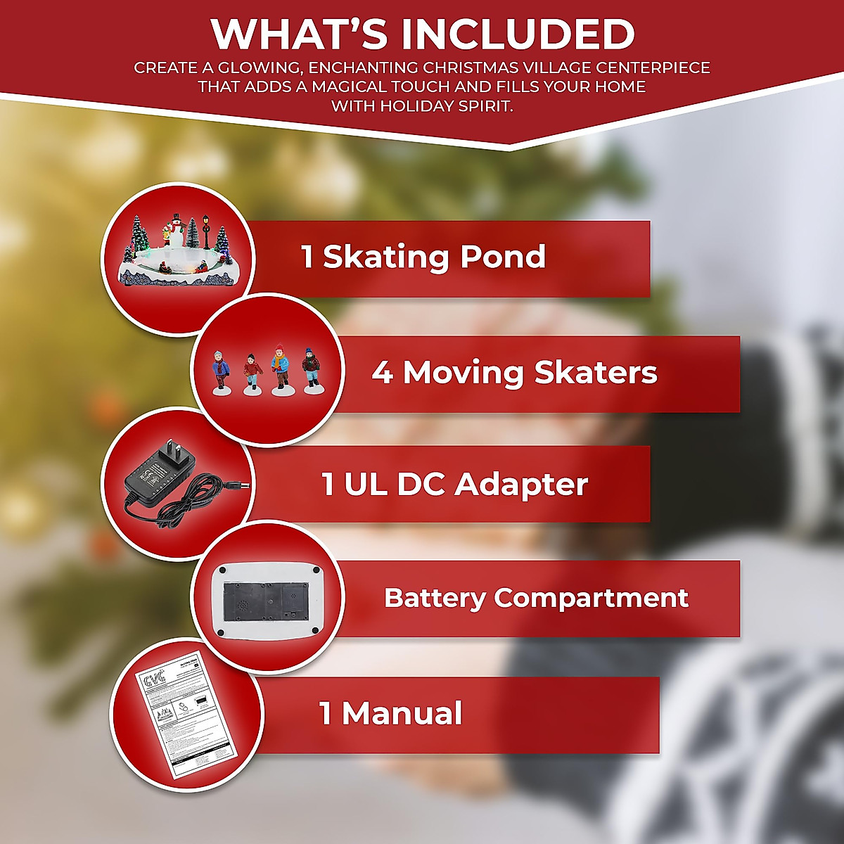 Animated Christmas Village Skating Pond - Lighted Musical Snow Scene with 4 Moving Skaters, Adapter, Battery Slot