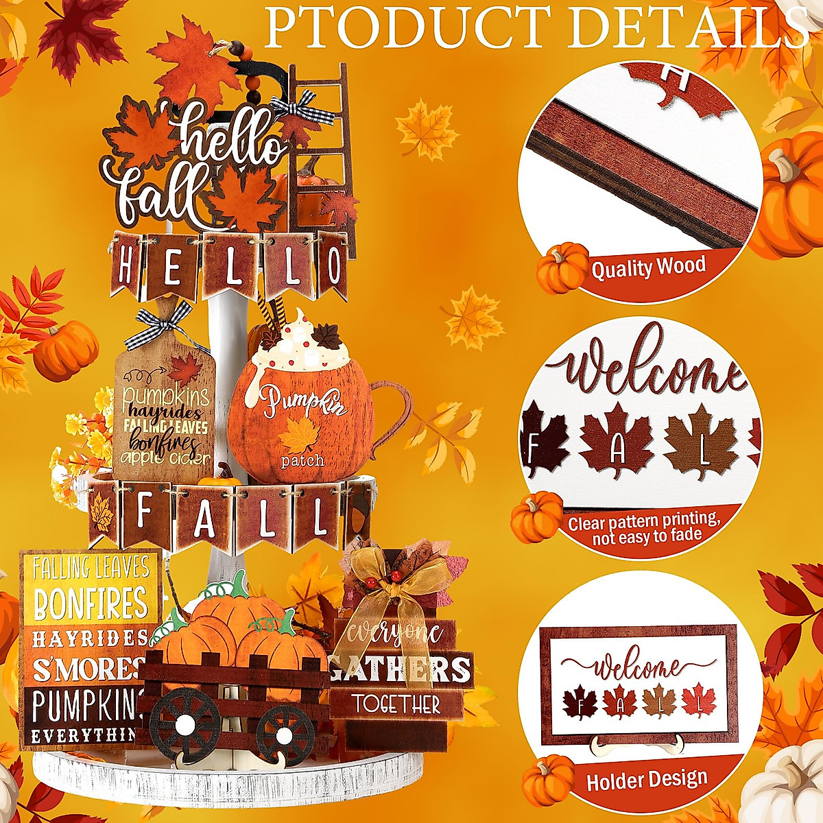 21 Pcs Fall Tiered Tray Decor Set Hello Fall Pumpkin Maple Leaf Wooden Signs Autumn Thanksgiving Decorations Rustic Farmhouse Table Centerpieces for Home Kitchen Decor Harvest Holiday