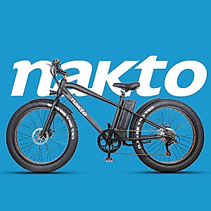 NAKTO Electric Bike Fat Tire 350W 26" Electric Mountain Bicycles for Adults, 36V10AH Removable Lithium Battery Ebike, Mountain/Beach/Snow/City Commute Ebike 6 Speed Gear,Dual Disc Brake E-Bikes