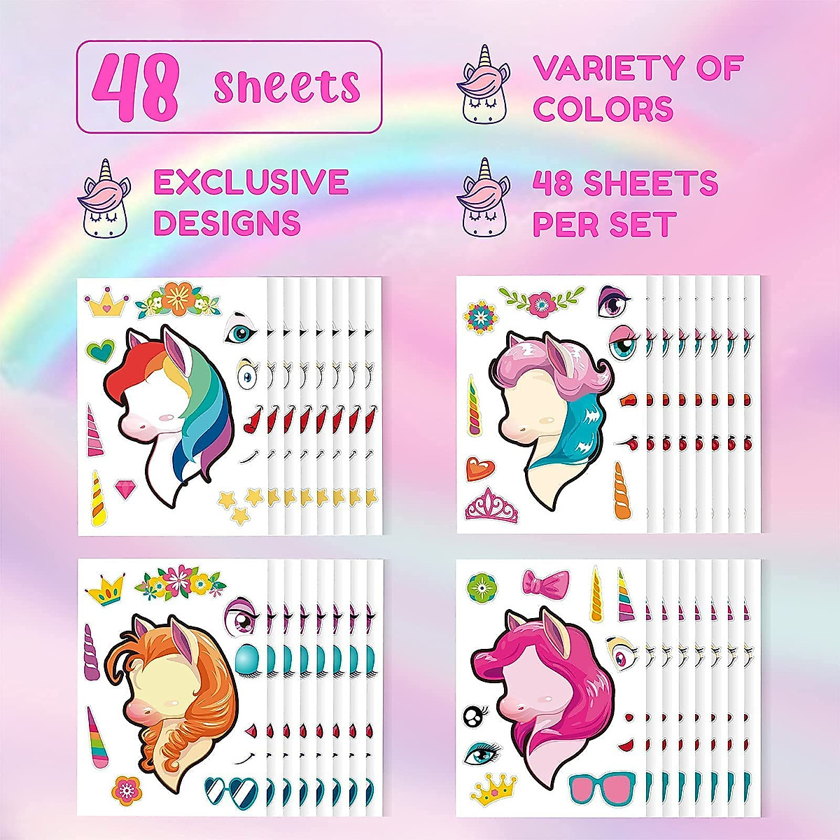 Mocoosy 48PCS Unicorn Stickers for Girls Age 4-6, Unicorn Party Favors Art Crafts for Toddlers 3-5, Make Your Own Face Stickers Birthday Game Activities, Goodie Bag Stuffers Kids Valentine's Day Gifts