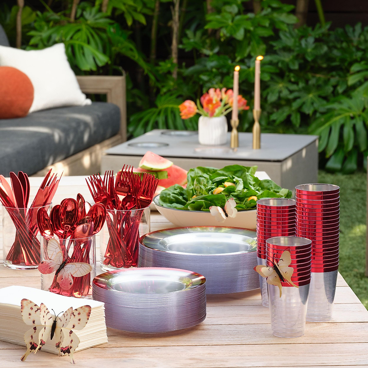 By Madee HEAVYWEIGHT 100 Pc Clear and Red Party Plates | Includes 50 Dinner & 50 Dessert Plates (50 Guests)