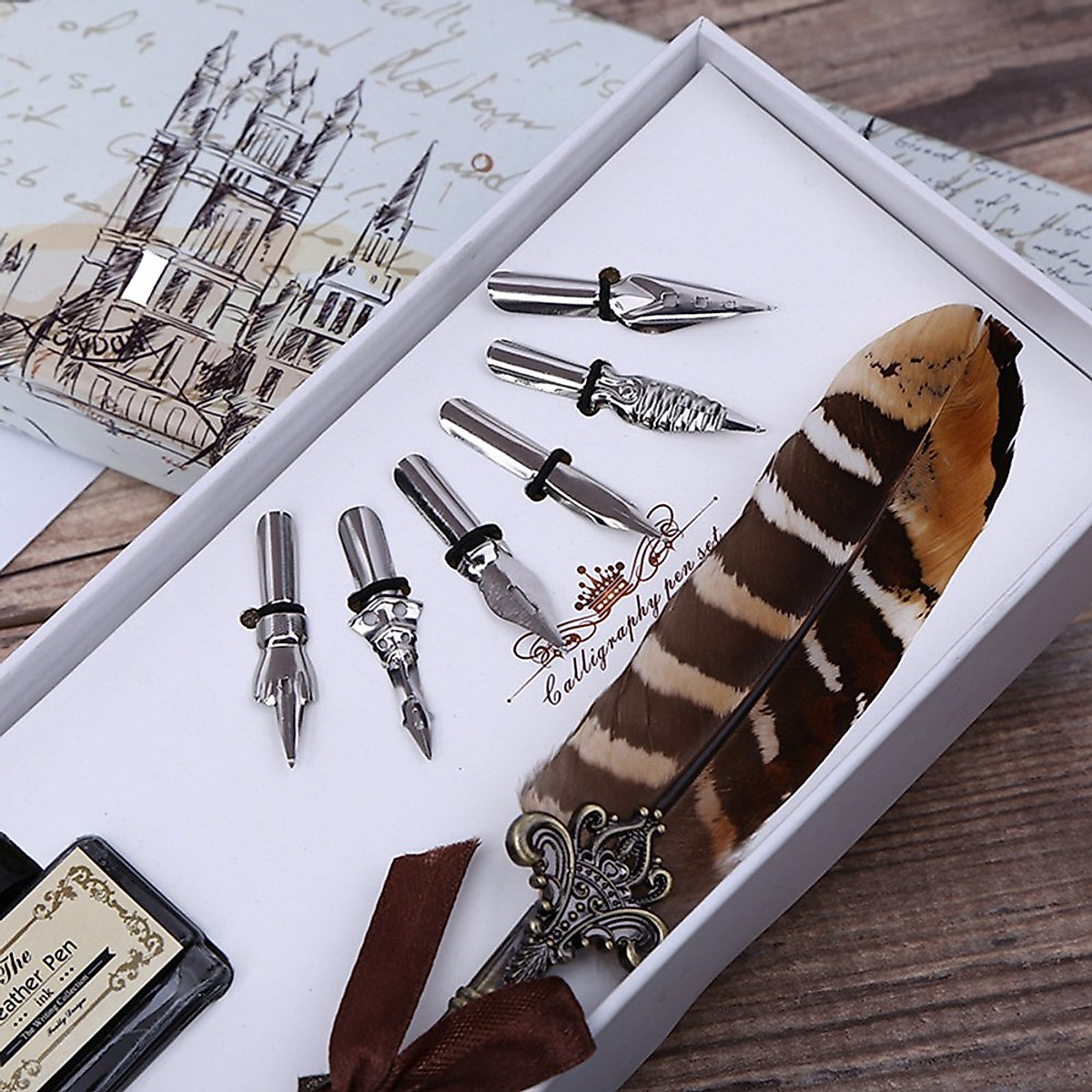 Calligraphy Pen Set Writing Quill Pen 6 Nibs and Ink,Antique Dip Feather Pen Gift Set for Beginners Birthday Gift,Beautiful Vintage Signature Pen