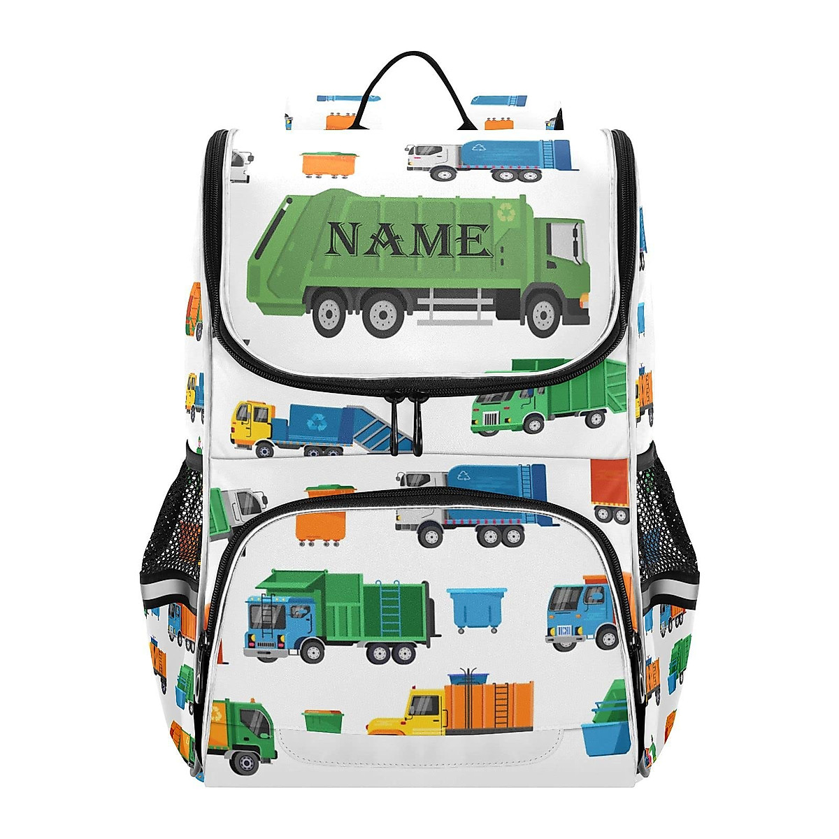 XUWU Custom Personalized Garbage Trucks Backpack with Reflective Strip for Kids Boys Girls Elementary School Bag Removable Chest Strap
