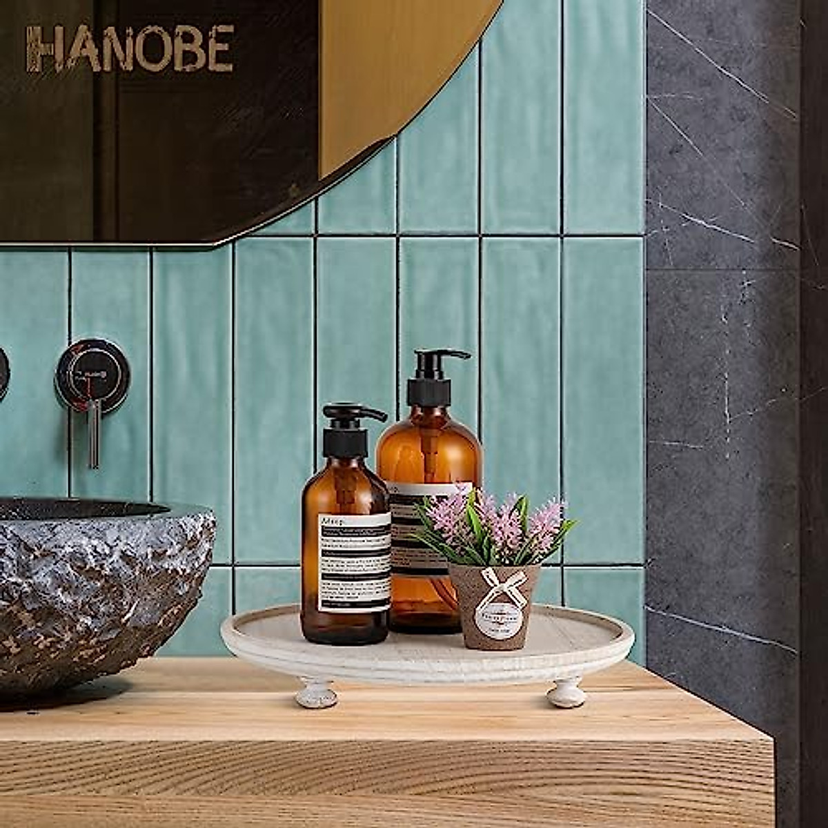 Hanobe Wood Risers for Decor: Rustic Round Wooden Pedestal Stand Tray for Display Farmhouse Table Decorative Risers for Dessert Candle Cake Plant, White 11"