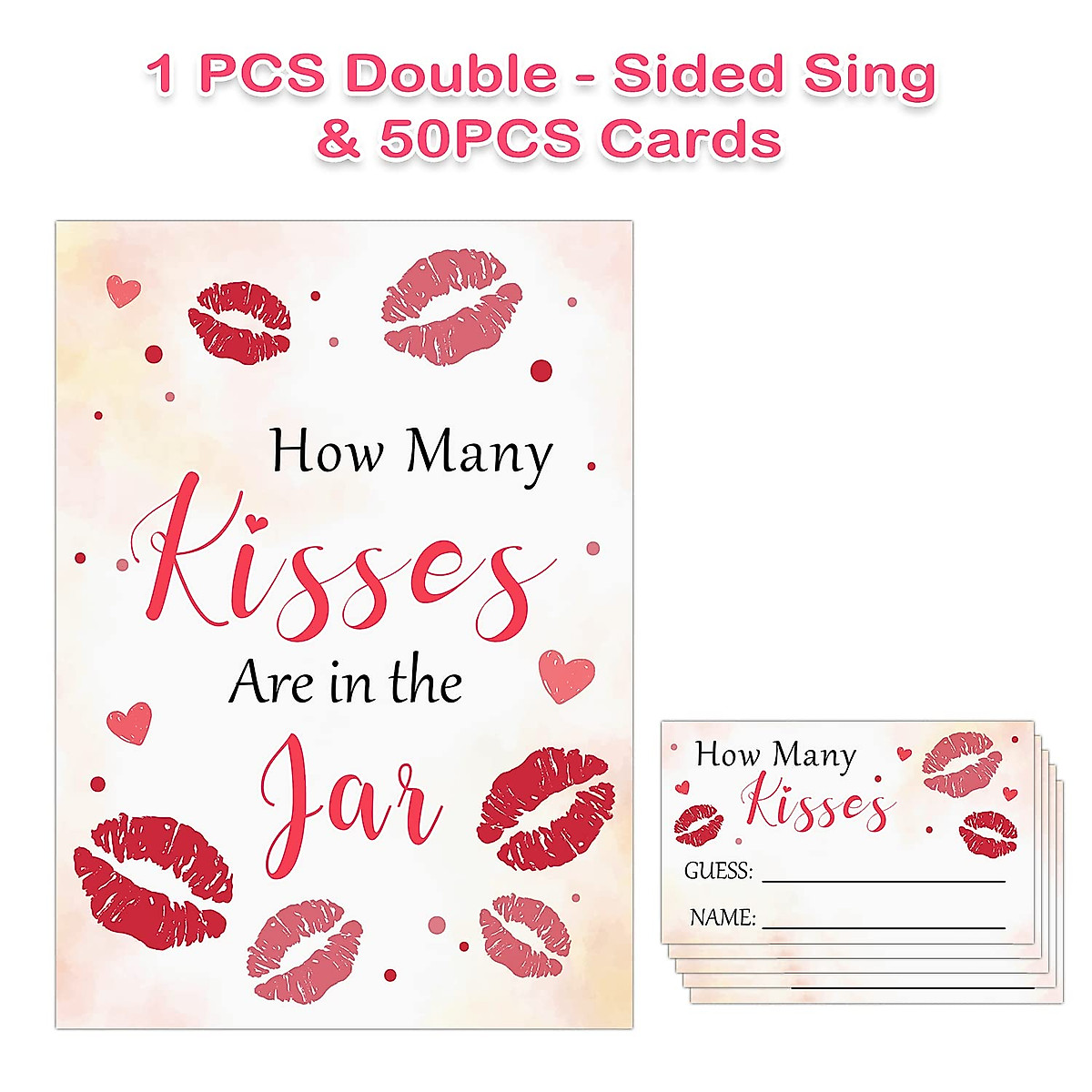 ALodr How Many Kisses are in The Jar-Baby Shower, Bridal Shower, Birthday, Christmas, Graduation Season Funny Party Game- Game Cards Kit (1 Sign & 50 Cards)