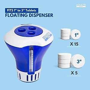 Aquatix Pro Pool Chlorine Floater Dispenser with Thermometer for 1 to 3 inch Tablets, Large & Durable Floating Dispenser for Spa, Hot Tub, In-ground & Above Ground Pools, Adjustable Flow Rate
