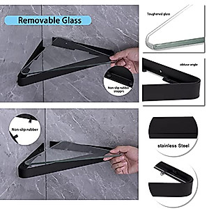 LOREAD 2-Layer Glass Corner Shelf Bathroom Wall Shelf, Tempered Glass Bathroom Floating Shelves Wall-Mounted, Shower Storage Organizer Rack (Black-Triangle)
