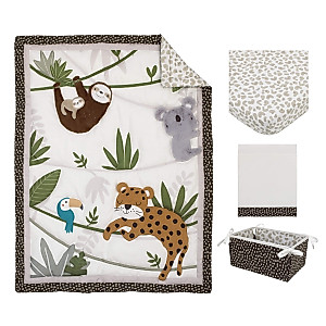 NoJo Jungle Gym 4 Piece Nursery Crib Bedding Set - Grey, Brown and Green Comforter, 100% Cotton Fitted Crib Sheet, Crib Skirt, and Storage