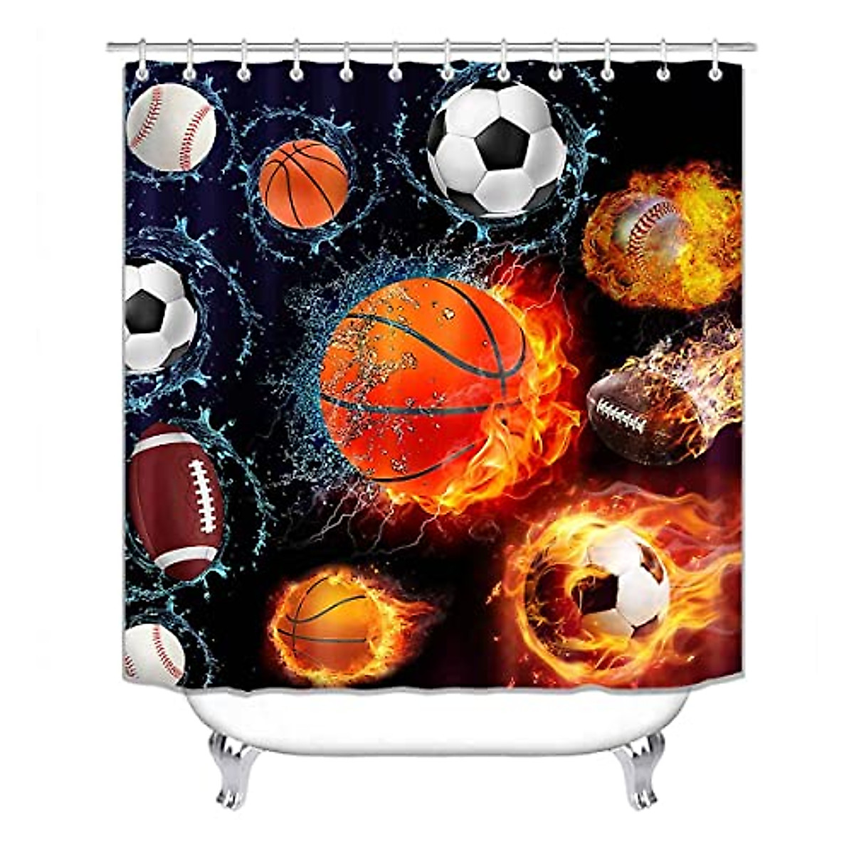 Camille&Andrew 4PCS Sports Shower Curtain Set, Water Fire Basketball Soccer Baseball American Football Cool Men Teen Boys Bathroom Decor, Waterproof Fabric Navy Blue Shower Curtain, Non-Slip Bath Mat