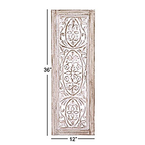 Deco 79 Mango Wood Floral Handmade Intricately Carved Arabesque Wall Decor, 12" x 1" x 36", Cream White