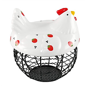 HOME-X Chicken Egg Basket for Egg Storage, Ceramic and Iron Decorative Basket with Chicken Design, Farmhouse Kitchen Decor, Holds 20–25 Eggs, Strawberry Print