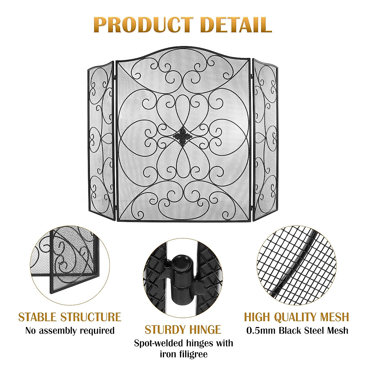 POWLAB Black Fireplace Screen 50 x 36Inch Large 3 Panel Foldable Wrought Iron Free Standing Fireplace Screen Rustic Vintage Arched Mesh Furnace Fireguards Outdoor Iron Protector Fireplace Cover