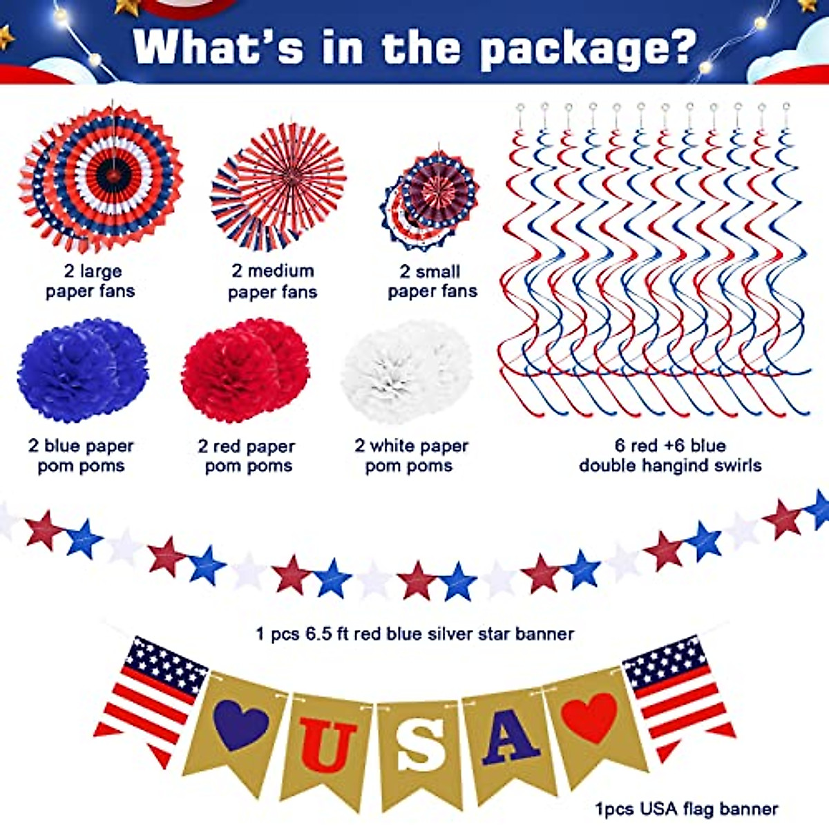 OEAGO 4th of July Decorations Decor Patriotic Memorial Day Decorations Red White Blue Paper Fans Love USA Banner Flower Balls Pom Poms Hanging Swirls Star Streamer Independence Flag Day Party for home