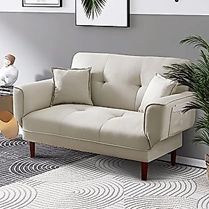 SoarFlash Convertible Futon Sofa Bed with 2 Pillows, Small Couch with Adjustable Armrest and Wood Legs, Upholstered Loveseats Furniture Low Back 2-Seat Sofa Couch with 5-Angle Backrest (Beige)