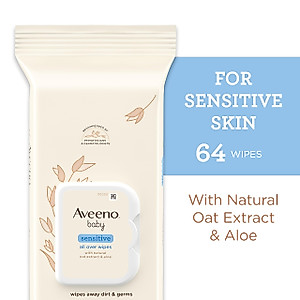 Aveeno Baby Sensitive All Over Wipes with Aloe & Natural Oat Extract for Face, Bottom, Hands & Body, pH-Balanced, Hypoallergenic, Fragrance-, Phenoxyethanol- & Alcohol-Free, 64 ct